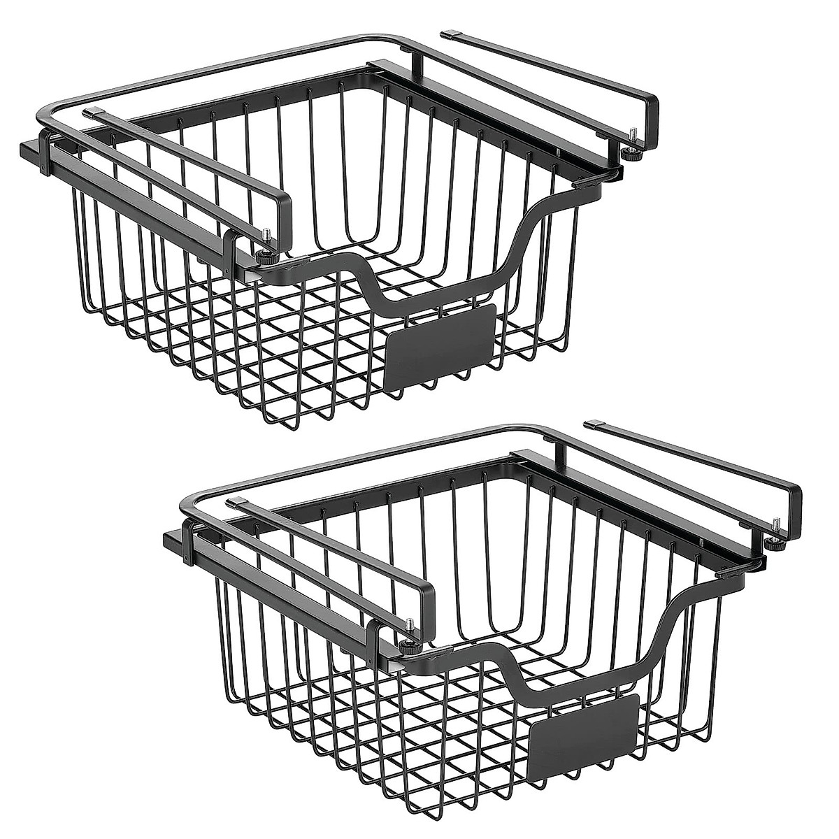 mDesign Wire Under Shelf Organizer for Cabinet - Sliding Basket for Under Cabinet Shelf - Hanging Organizer Rack for Kitchen and Pantry with Label Space - Carson Collection - 2 Pack - Matte Black