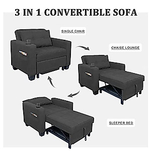 DURASPACE Futon Sofa Bed, 3 in 1 Convertible Sofa Chair Bed, Adjustable Backrest Chair, Chaise Lounge with USB Ports, Cup Holder, Side Pocket, Storage Box for Living Room (Dark Gray Linen)