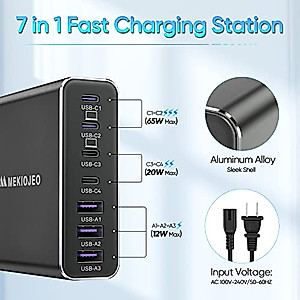 Aluminum Alloy USB C Charger 186W 7 Port Fast Charging Station,65W USB C Laptop GaN Charger Compatible with MacBook Pro/Air (Black)