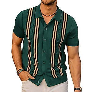 PJ PAUL JONES Mens Retro Striped Polo Shirt Short Sleeve Button Down Knitted Shirts Green M