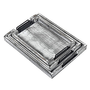 VERGOODR Country Rustic Torched Wood Nesting Breakfast Serving Trays with Handles, Set of 3 (White Grayish)