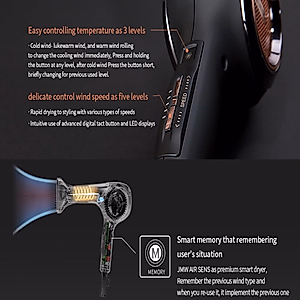 JMW AIR SENS Professional Hair Dryer - 3 Heat X 5 Wind Fast Drying, Low Noise, Curling, Durable, Best Blow Dryer Frizzy Hair, 2 Nozzles & Hair Dryer Comes with Holder for Salon Blowouts and Travel