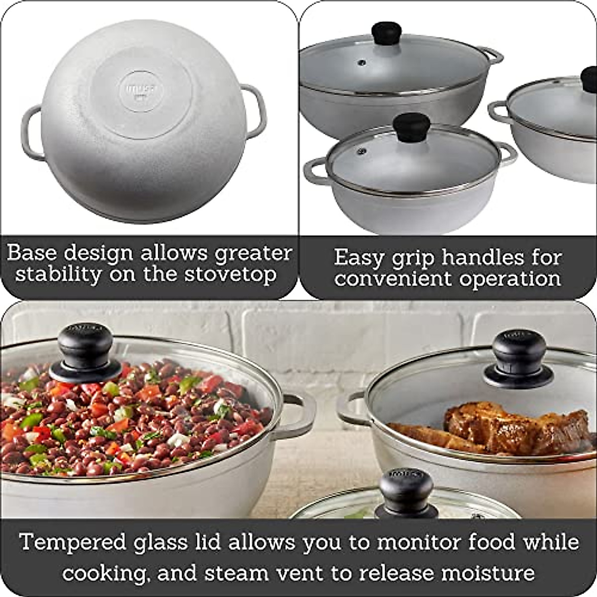 IMUSA 3 Piece Caldero Set with Tempered Glass Lid 1.5/2.5/5.2Qt