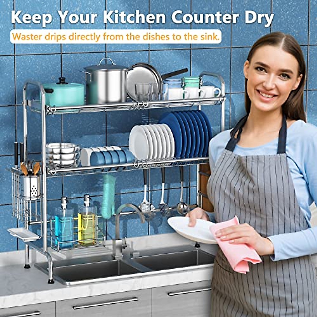 KETAZERO Over The Sink Dish Drying Rack, 2 Tier Stainless Steel Dish Drainer Rack with Cutting Board Holder Help You Save More Counter Space