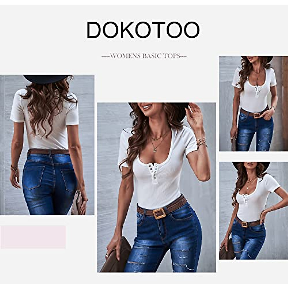 Dokotoo Women's Summer Scoop Neck Button Down Henley T-Shirt - Sexy Low Cut, Slim Fit, Short Sleeve, Casual Stretch Top - White, M