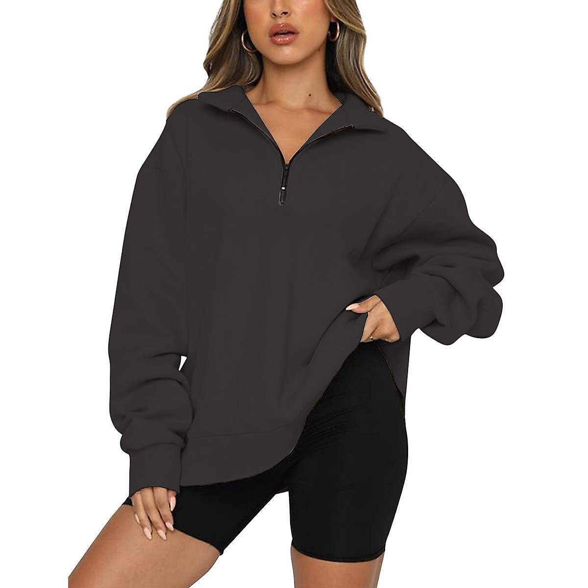 SAFRISIOR Women’s Oversized Half Zip Sweatshirt Drop Shoulder Long Sleeves Collar Quarter 1/4 Zipper Pullover Black
