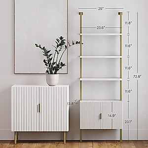Nathan James Theo Mid-Century Modern Bookcase with Cabinet Fluted Texture, White Open Shelves and Brass Metal Frame Living Room, Home Office Storage