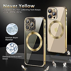 Metal Magnetic Clear Case for iPhone 13 Pro Max [CD Pattern for Magsafe Ring & Safety Lock] [Metal Frame Bumper] [Integrated Camera Lens Protector] Shock-Absorb Case, Clear Back Cover - Luxury Gold