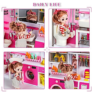 TEMI 4-in-1 Mini Bathroom Playset with Lights & Sounds, Pink Play Dressing Table Toy Set, Furniture, Bathroom Accessories, Pretend Role Play Toys for Boys Girls