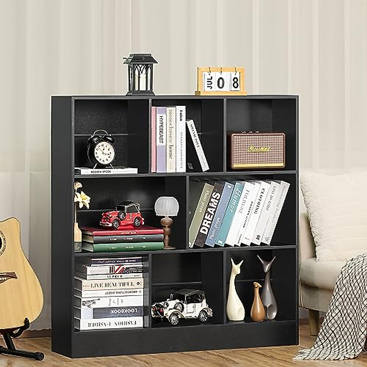 YAHARBO Black Wide Bookshelf,3 Tier Modern Horizontal Bookcase,Wood Low Bookshelves Display Storage Cabinet with Base,Floor Standing 8 Cube Large Bookcases Organizer for Bedroom,Living Room,Office