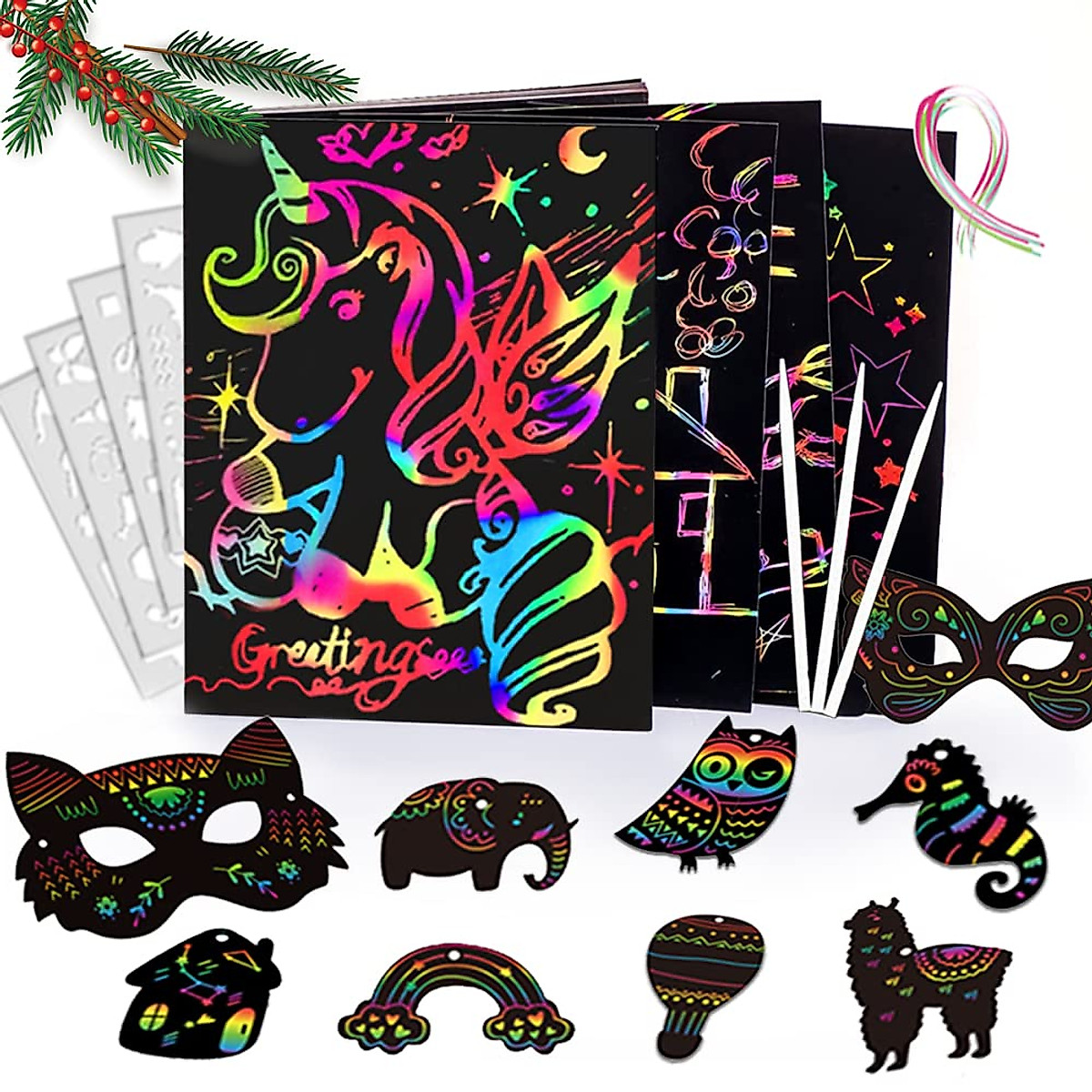 crelloci Scratch Paper Art Set for Kids, Rainbow Scratch Off Craft Kit for Girl Boy, Magic Gift Pad Sheet with Mask Stencil Ornaments, DIY Drawing Supply for Birthday Party Favor Christmas