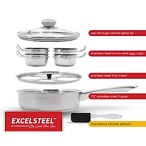 EXCELSTEEL Non Stick Easy Use Rust Resistant Home Kitchen Breakfast Brunch Induction Cooktop Egg Poacher, 4 Cups, 18/10 Stainless Steel