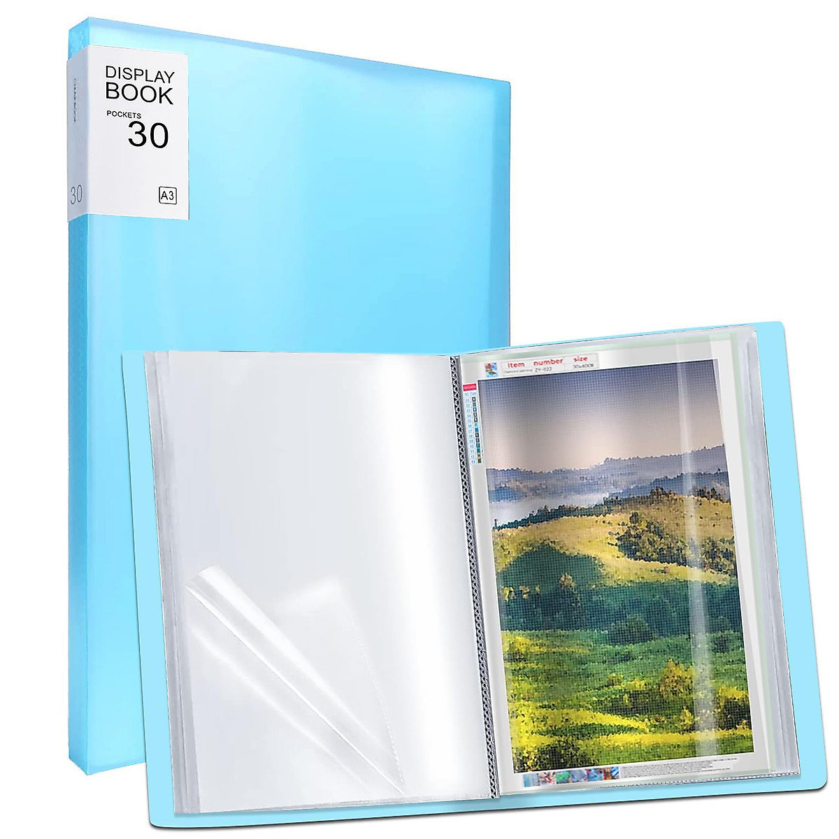 SKRYUIE A3 Diamond Painting Storage Book - 60 Diamond Painting Capacity, 30 Pages Protectors, 17.2x12.8 inches, Portfolio Folder for Diamond Painting Presentation and Organization - Blue