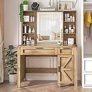 usikey Farmhouse Makeup Vanity Desk with Mirror and Lights, Glass Tabletop Makeup Vanity with Adjustable Shelves, Vanity Table Set with 2 Drawers and Side Cabinet for Bedroom, Maple