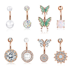 Dochais 8PCS Belly Button Ring, Surgical Steel Belly Rings for Women Stainless Steel Opal Pearl Sparkling CZ Belly Piercing Jewelry Sunflower Butterfly Piercing Jewelry Rose Gold