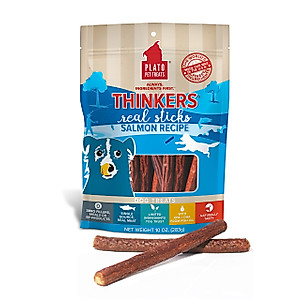 Plato Pet Treats Air Dried Dog Treats Salmon Thinkers Sticks, Natural Dog Treats, Real Meat, Air Dried, Made in the USA, 10oz