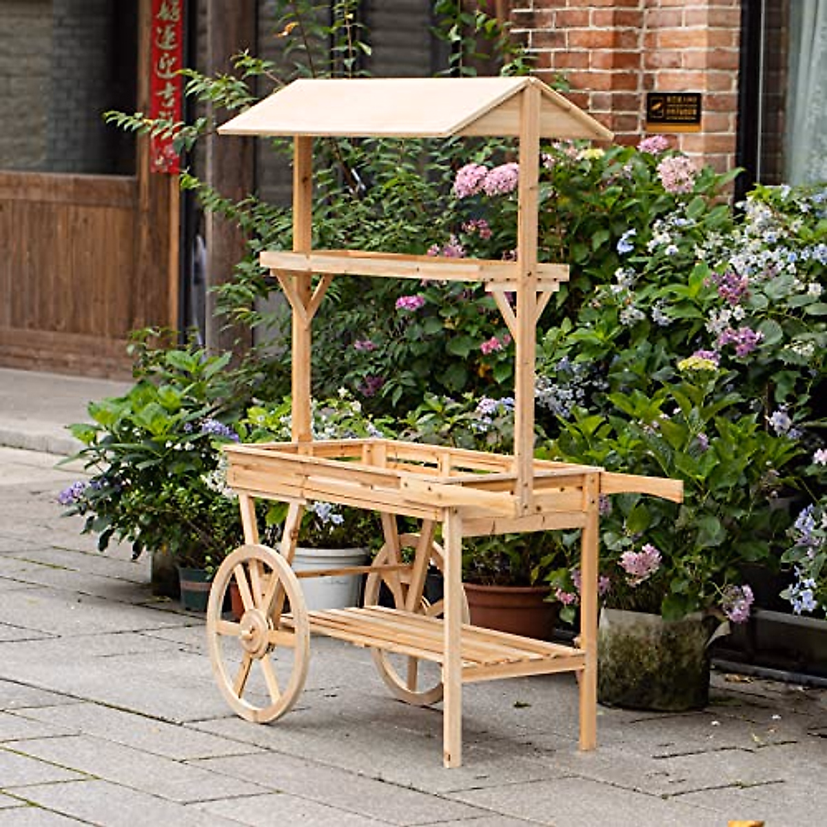 Vintiquewise Large Wooden 3 Tier Rolling Table Cart with 2 Wheels for Home Decor Modern Wagon with Shelves for Display Rack, Coffee Station, Food Stand, Beverage Bar, and Tea Stall