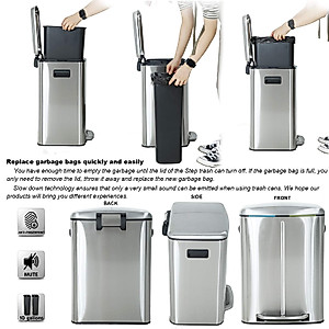 10 Gallon 40L Trash Can with Lid for Office Kitchen Metal Trash Can, Step Trash Can Wastebasket, Room Large Recycling Stainless Steel Trash Can, Garbage Container Bin, 2 Removable Liner Bucket Area