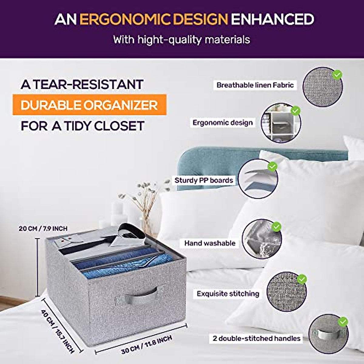 Large Linen Jeans Organizer for Closet with 6 Removable Dividers and 2 Handles for up to 7 Grids - Foldable Wardrobe Clothes Storage Organizer for Folded Clothes: Jeans, Pants, Sweaters (2 Pack)