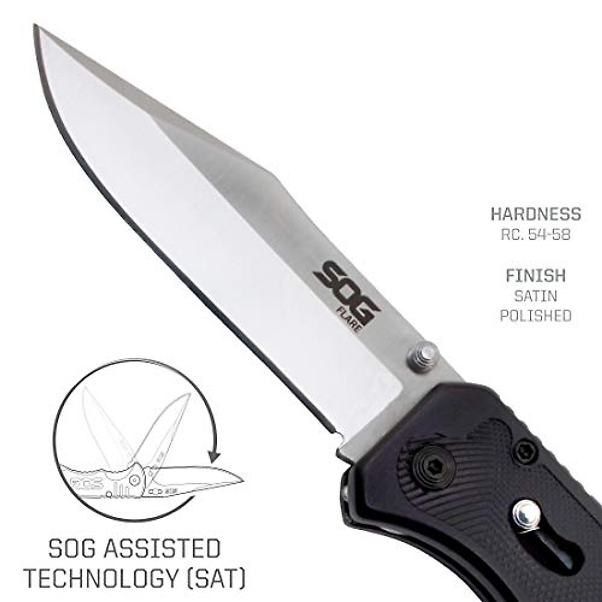 SOG Flare Folding and Pocket Knife Assisted Opening Tech Knife w/ 3.5 Inch Stainless Straight Edge Blade & Tactical Knife GRN Grip (FLA1001-CP), Black