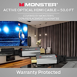 Monster Essentials Directional Fiber Optic HDMI 2.1-48 Gbps Active Optical Cable Featuring Aluminum Extrusion Connector - Supports 8K @ 60HZ, 4K @ 120HZ, Premium Certified, V-Grip, 50ft