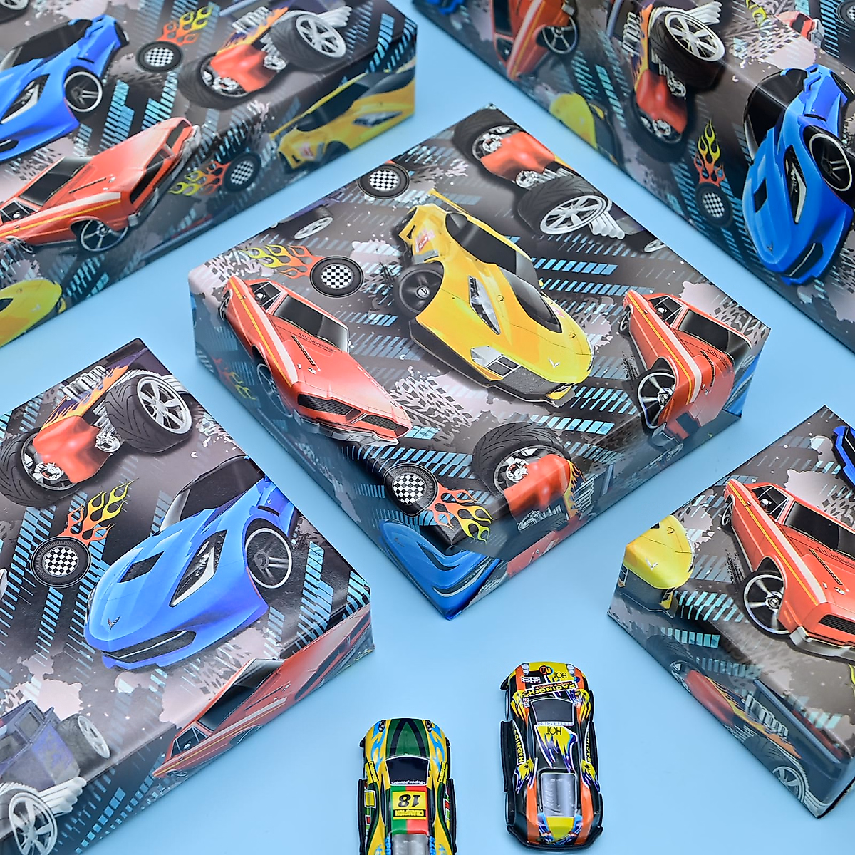 NARCSCHICHU 6 Sheets Racing Car Wrapping Paper - Boys Birthday Gift Wrapping Paper for Kids Bday Baby Shower Racing Theme Party - 20 X 28 Inches Per Sheet