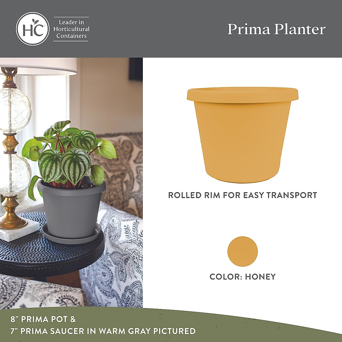 The HC Companies 12 Inch Round Prima Planter - Plastic Plant Pot with Rolled Rim for Indoor Outdoor Plants Flowers Herbs, Honey