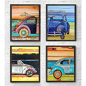 Antique Classic Cars Art Prints, Set of 4, Danny Phillips Fine Art, Mixed Media Collage Artwork, Coastal Wall Decor, 8x10 Inches