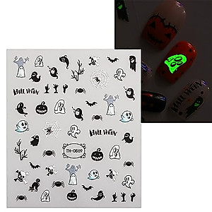JMEOWIO 9 Sheets Halloween Nail Art Stickers Decals Self-Adhesive Pegatinas Uñas Skull Ghost Spider Web Bat Nail Supplies Nail Art Design Decoration Accessories