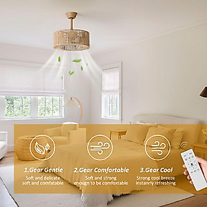 zheshirui Boho Caged Ceiling Fan with Lights, 18 Inch Rattan Fandelier Ceiling Fans with Light and Remote Control, Coastal Enclosed 6 Speeds for Bedroom, Kitchen, Dining Room