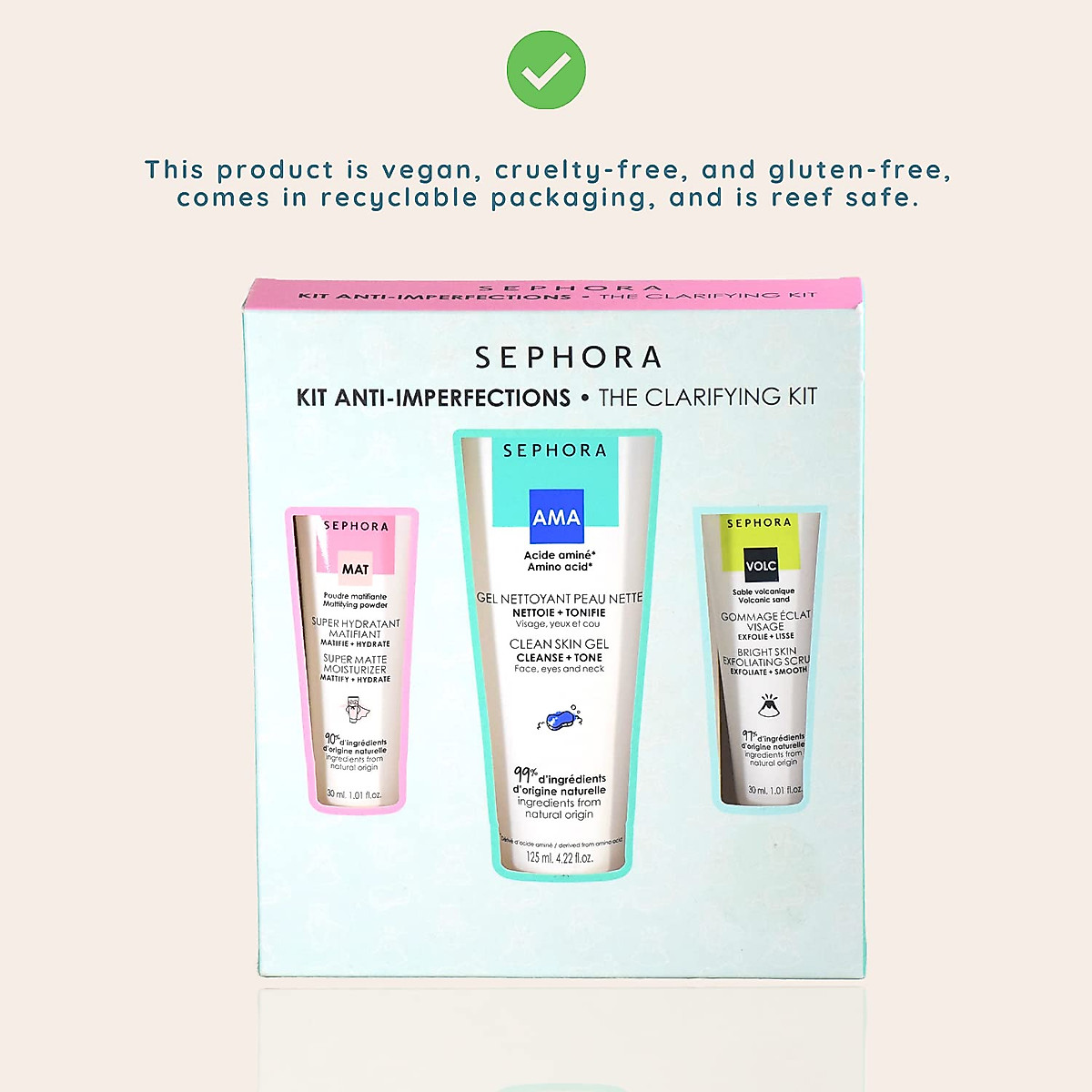 Sephora The Clarifying Kit - Clean Skin Gel Cleanser Toner, Super Matte Hydrating Moisturizer, Bright Skin Exfoliating Smoothing Scrub