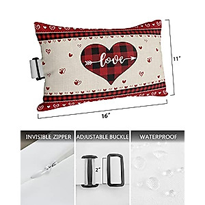 Recliner Head Pillow Ledge Loungers Chair Pillows with Insert Love Heart Black and Red Buffalo Plaid Lumbar Pillow with Adjustable Strap Outdoor Waterproof Patio Pillows for Beach Pool Chair, 2 PCS
