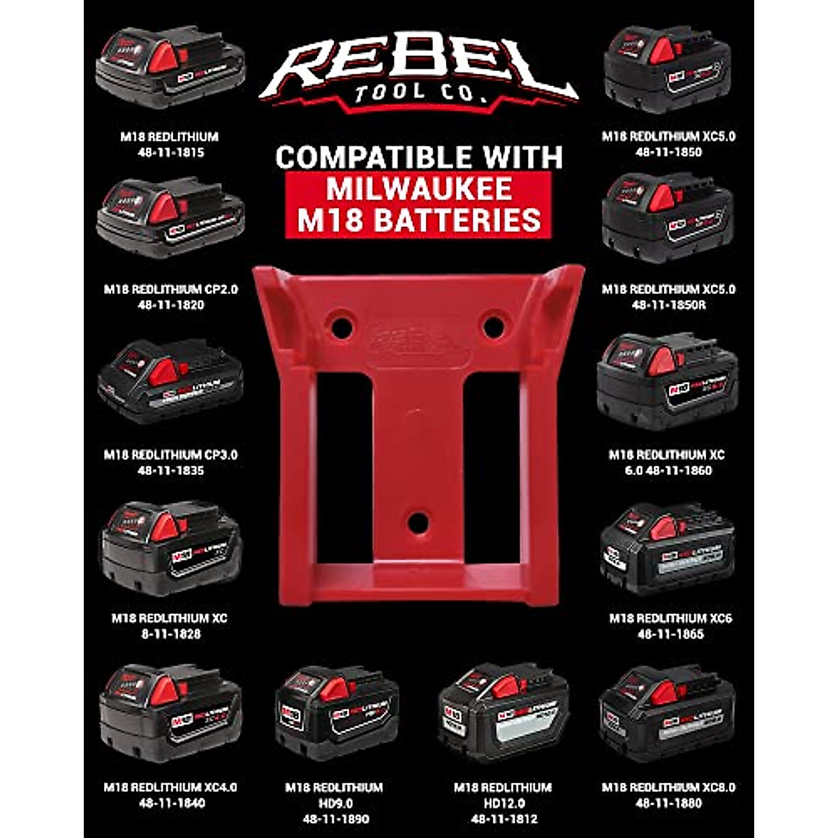 RebelToolCo Battery Holder Wall Mount (6 Pack) Battery Holder Mounts. Compatible with M18 Milwaukee Cordless Batteries. Tool Holder Storage Organizer for Battery, Accessories, & Tool Organization.