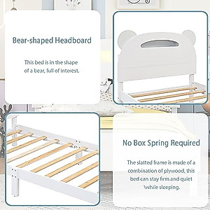 Twin Size Platform Bed with Bear-Shaped Headboard, Wood Frame Bed with Motion Activated Night Lights, Children Beds for Bedrooms, White