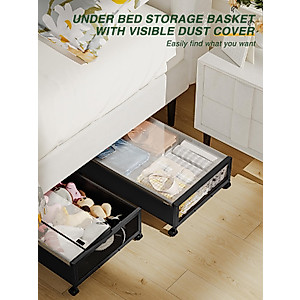 LEHOM Under Bed Storage with Wheels, Plastic Underbed Bins with Sturdy Metal Tubes Rolling Under Bed Drawer Storage Container with Window and Handle for Bedding, Clothes, Blanket, Shoes (2 Pack metal)