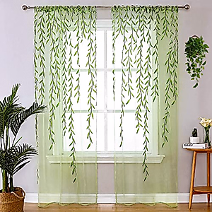 BROSHAN Green Sheer Window Curtain-Pocket Design Sheer Curtains Pretty Vine Curtain Single Panel Leaf Printed Curtain Sheers Voile Sheer Window Curtain Panels for Kids Bedroom Living Room Nursery