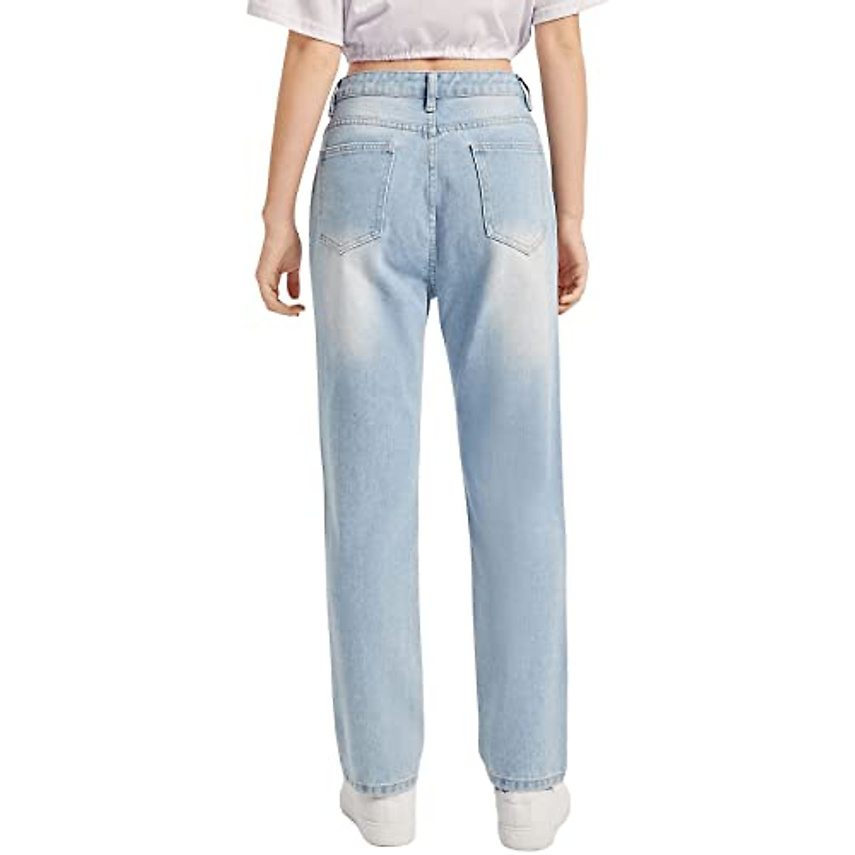 SweatyRocks Teen Girl's High Waisted Straight Leg Ripped Jeans Washed Denim Pants with Pockets Light Wash 12-13Y