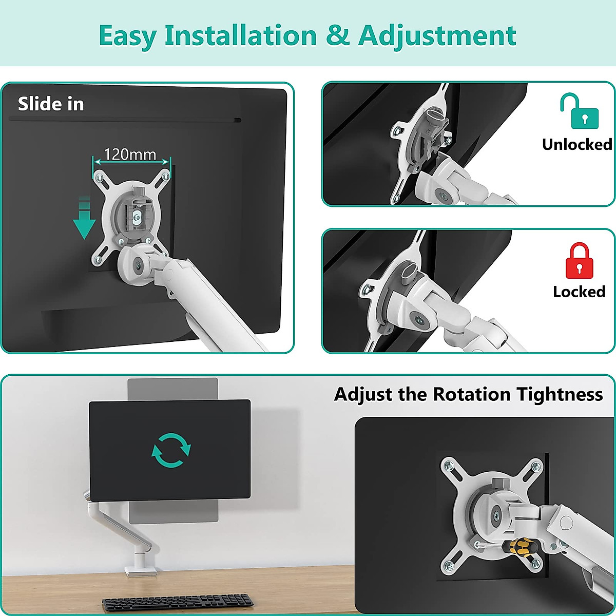 WALI Single White Monitor Mount Arm Stand, Fully Adjustable, Mechanical Spring Tension Indicator, Bracket with Clamp, Display Up to 32 inch, 22lbs Weight Capacity (MATI001-W), White