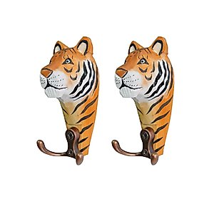 MAGIC WOOD 2PCS Natural Wooden Hooks Animal Creative Wall Mounted Art Décor Hat Coat Towel Hanger Gift (Tiger)