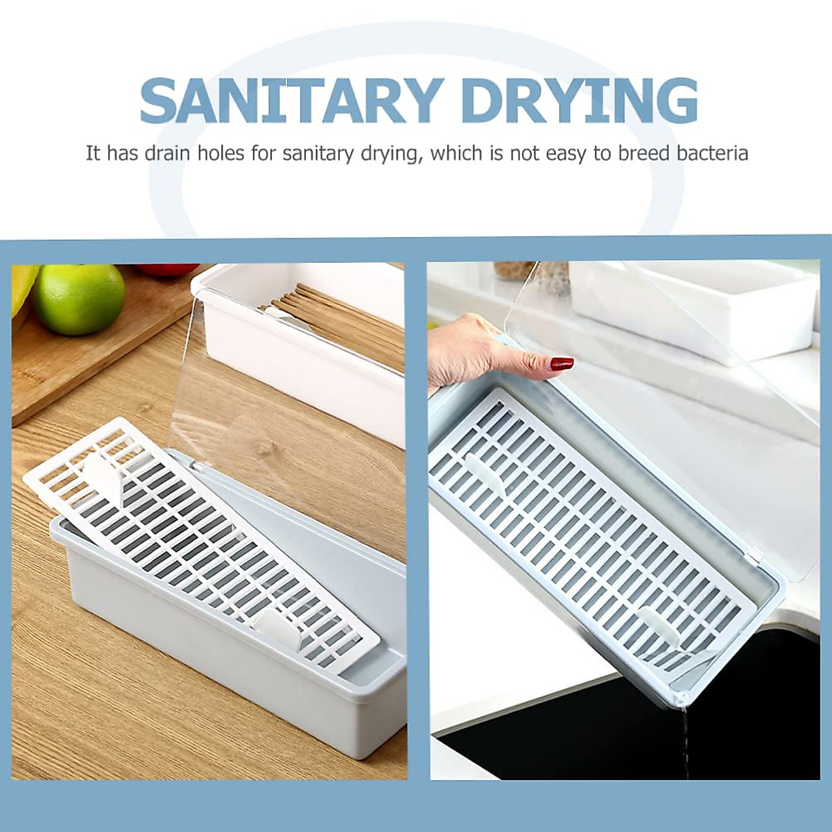 Cabilock Tool Organizer Box Chopstick Draining Box Chopstick Holder Kitchen Cutlery Storage Case Flatware Tray with Lid Utensil Storage Container Kitchen ( Blue ) Metal Chop Sticks