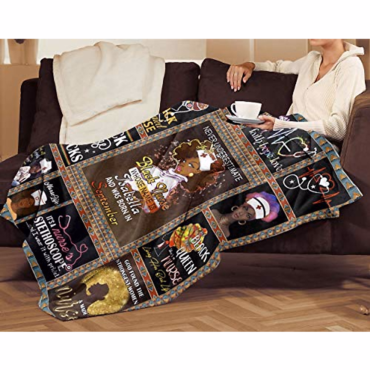 VTH GLOBAL Personalized Custom Name Proud Black Nurse Rock Matter Fleece Sherpa Throw Blanket Birthday Christmas Nursing Afro American African Africa Gifts for Registered Nurses Mom Wife Daughter