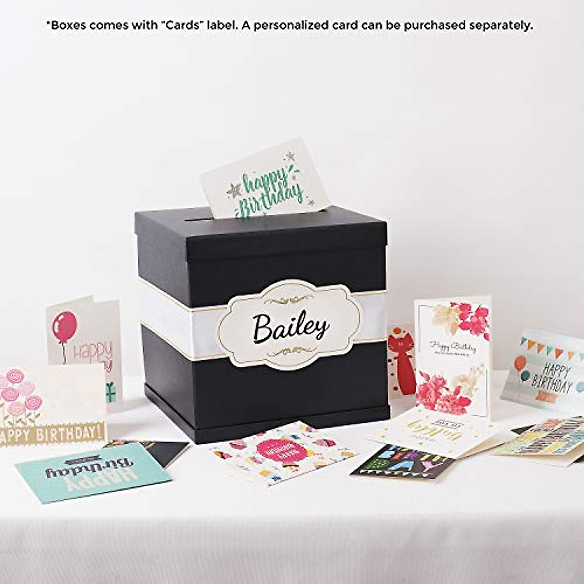 Black Gift Card Box - White & Gold Satin Ribbon & Cards Label 10"x10" Large - Memory Box for Funerals or Graduations, Box for Wedding Receptions Birthdays or Baby Showers