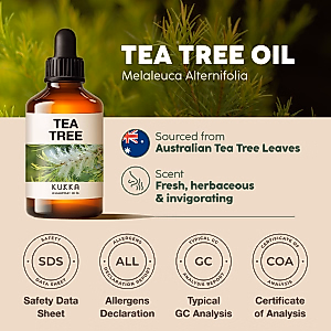 Kukka Tea Tree Oil for Skin, Hair & Toenails - 4 Fl Oz - 100% Pure Natural Tea Tree Essential Oil Made from Australian Melaleuca for Potency - Used in General Wellness, Aromatherapy & DIY Soap Making