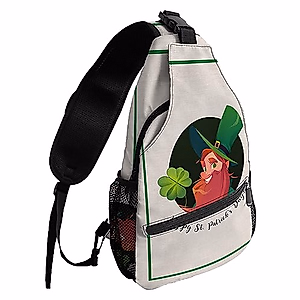 Sling Backpack, St.Patrick's Day Shamrocks Gnome Black Green Border Linen Waterproof Lightweight Small Sling Bag, Travel Chest Bag Crossbody Shoulder Bag Hiking Daypack for Women Men