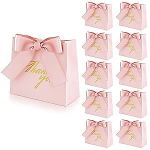 SHAIDOJIO 24Pcs Small Thank You Gift Bags, Party Favor Bag Treat Box with Bow Ribbon, Pink Pattern Mini Paper Gift Bags Bulk for Wedding, Birthday, Bridal Shower, Baby Shower (4.5x1.8x4 Inch)