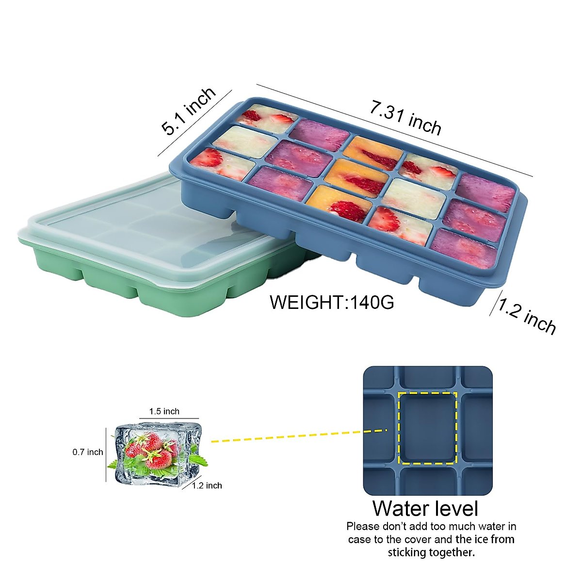 Ice Cube Trays with Silicone Lid, 15 Grid Square Ice Tray Easy Release Stackable Ice Cube Mold, 2 Pack (Grey Blue+Green)