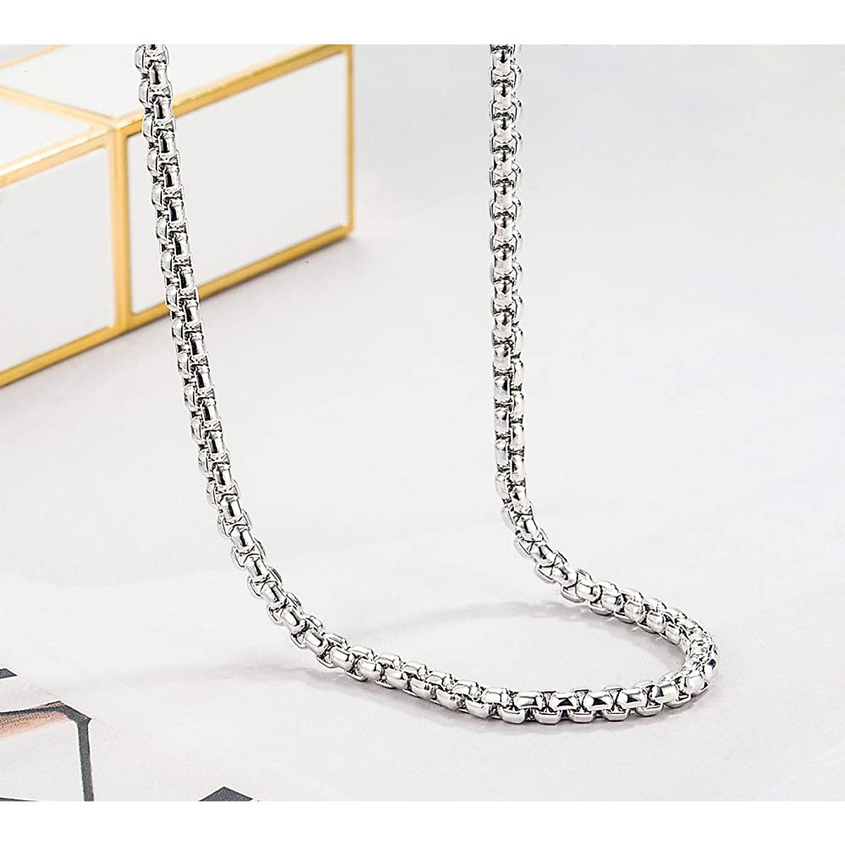 Meilanduo Solid 925 Sterling Silver 3mm Round Box Chain Necklace 18, 20, 22, 24, 26, 28 Inch for Men Women (20)