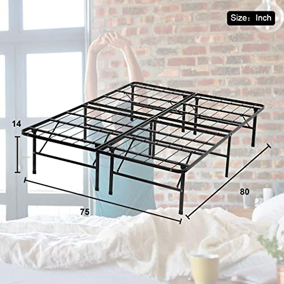 BIQWBIC Folding King Bed Frame, 14 Inch Metal Platform Bed Frame King Size Mattress Foundation, No Box Spring Needed King Size Bed Frame with Storage, Steel Slat Noise-Free, 5 Minute Assembly, Black
