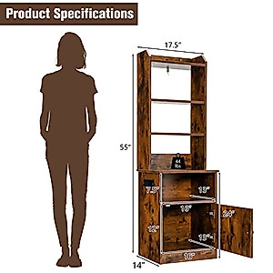 LOKO Nightstand with Charging Station, 55" Tall Bedside Table with Adjustable Shelves, Multifunctional End Table Bookcase with Open Storage Shelves, Modern Night Stand with Charger (Rustic Brown)