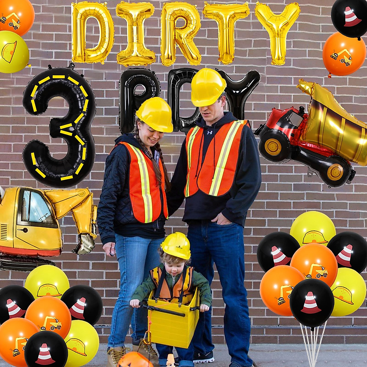 Wonmelody Construction 3rd Birthday Party Decorations Dirty 3rdy Dump Truck Balloon Banner Party Decorations Black Gold Excavator Roadblock Barricade Construction Decors for 3rd Years Old Boy